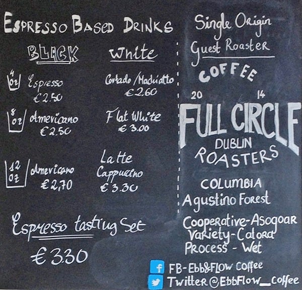 Menu at Ebb & Flow Coffee cafe, Dublin