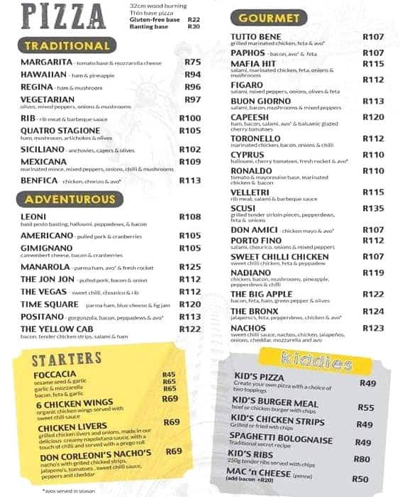 Menu at Panteli's Italian kitchen restaurant, Randburg