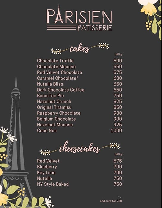 Menu of Parisien Patisserie, Mahalaxmi, Mumbai