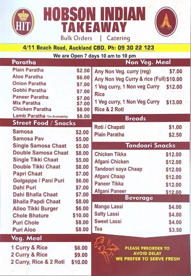 Menu at Hobson Indian Takeaway restaurant, Auckland, 4/11 Beach Rd