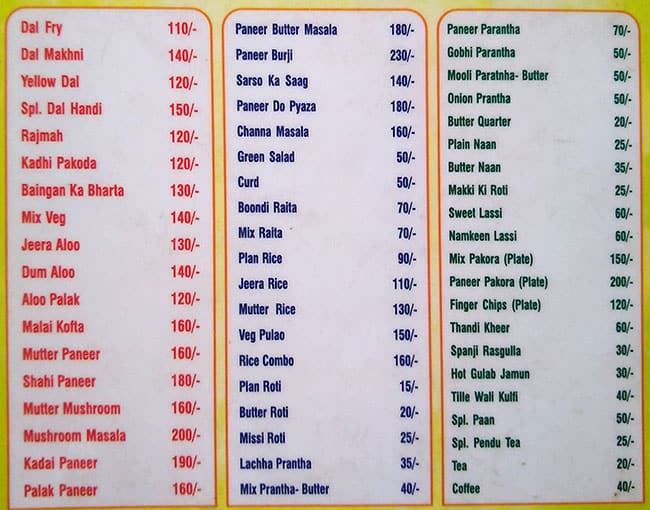 Menu at Original Sethi Dhaba, Dera Bassi