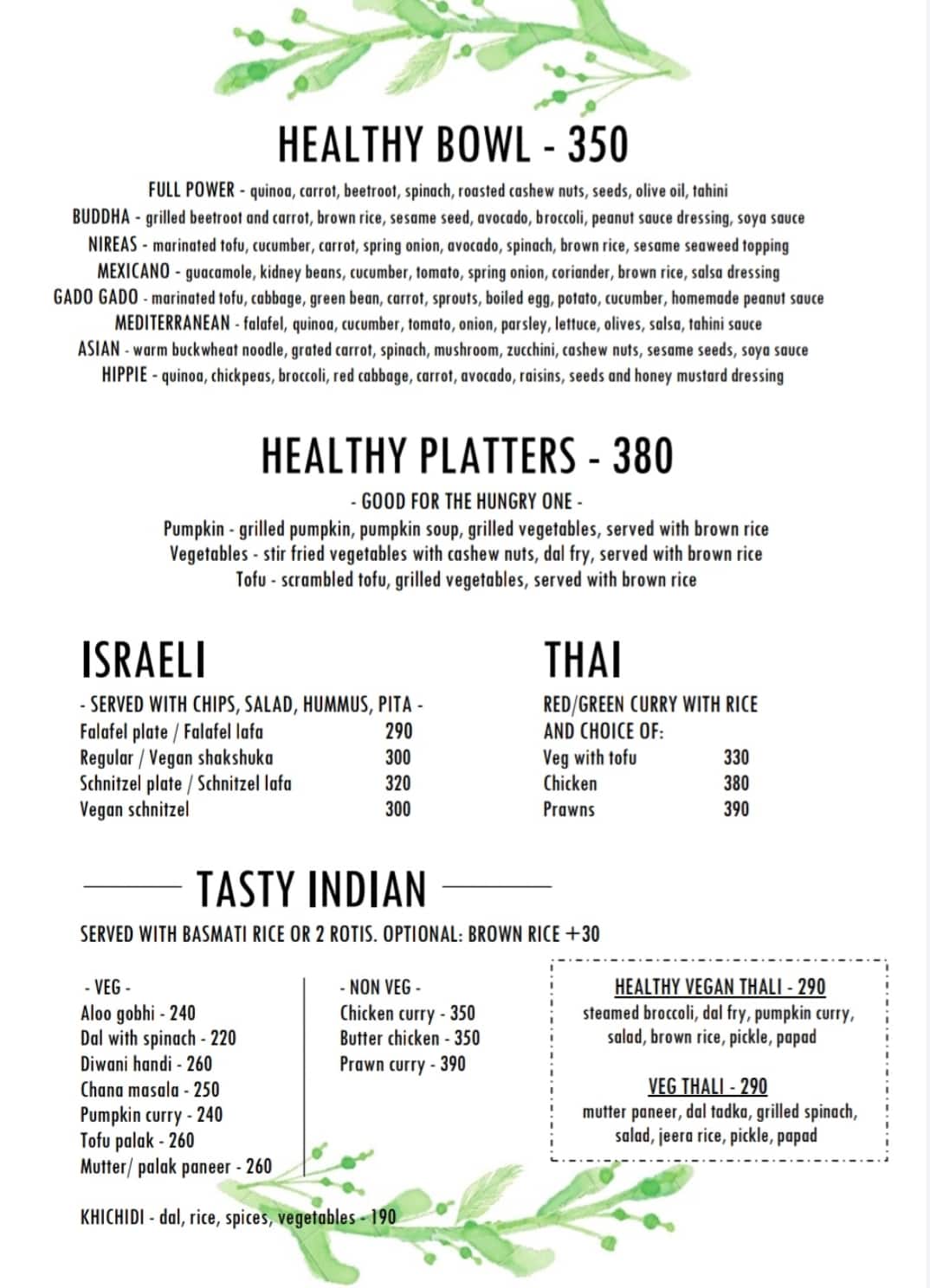 Menu of Nireas - Healthy Haven, Palolem, Goa