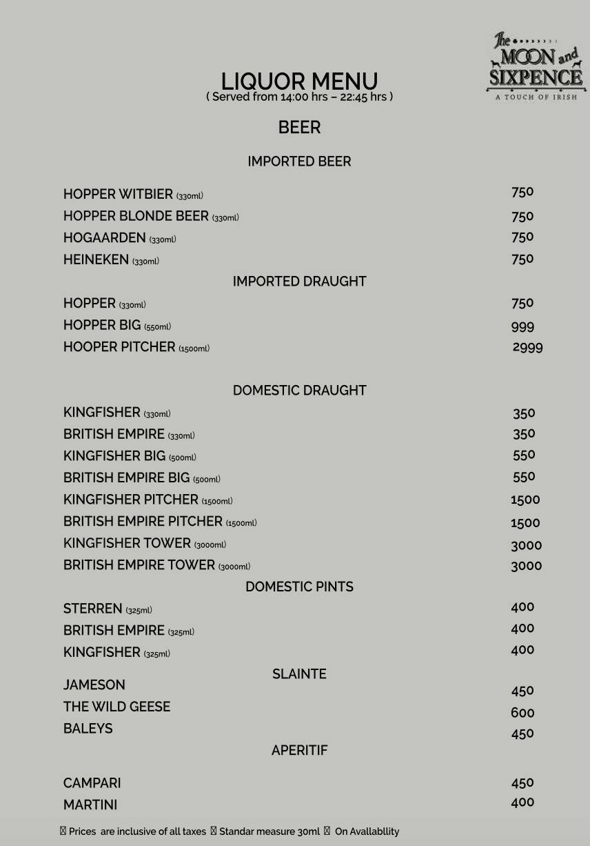 Menu of The Moon And Sixpence - Hablis Hotel, Guindy, Chennai