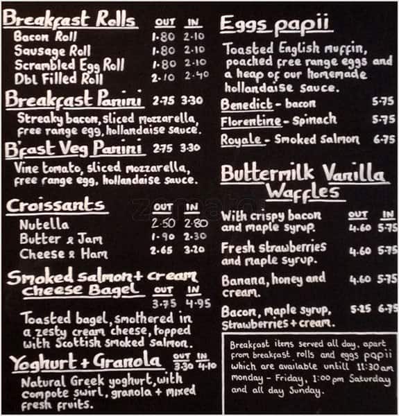 Menu at Papii cafe, Edinburgh
