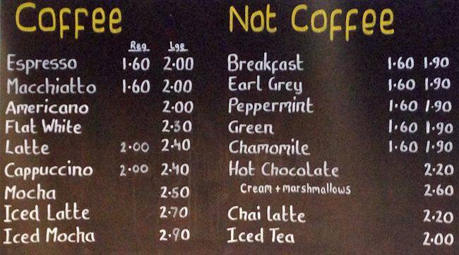 Menu at Papii cafe, Edinburgh
