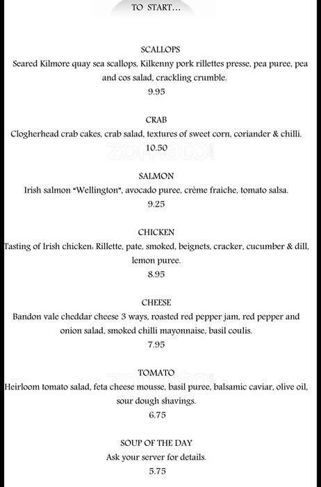 Menu at Nautilus restaurant, Dublin