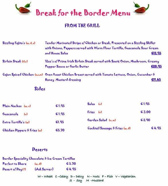 Menu at Break for the Border pub & bar, Dublin, Stephen Street Lower