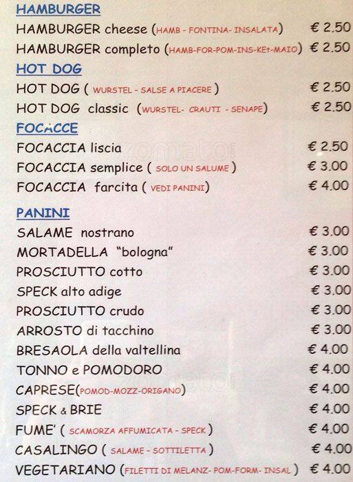 Menu da Il Panino fast food, Milano, Via Laghetto