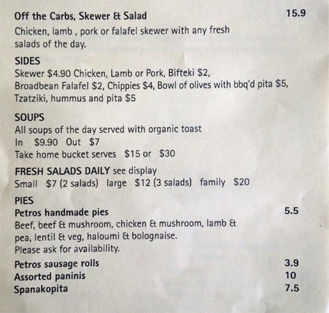 Menu at Red Sea fast food, Fitzroy