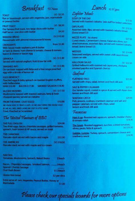 Menu at Blue Bay Cafe, McCrae