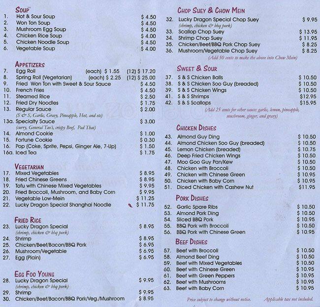 Menu at Lucky Dragon Delight restaurant, Ottawa, 854 March Rd