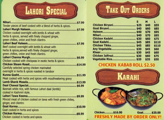 Menu at Taste of Lahore restaurant, New York City, 73-10 Northern Blvd