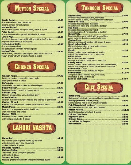 Menu at Taste of Lahore restaurant, New York City, 73-10 Northern Blvd
