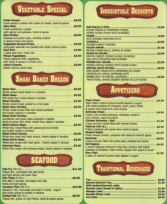 Menu at Taste of Lahore restaurant, New York City, 73-10 Northern Blvd