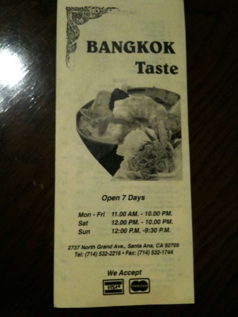 Menu at Bangkok Taste restaurant, Santa Ana