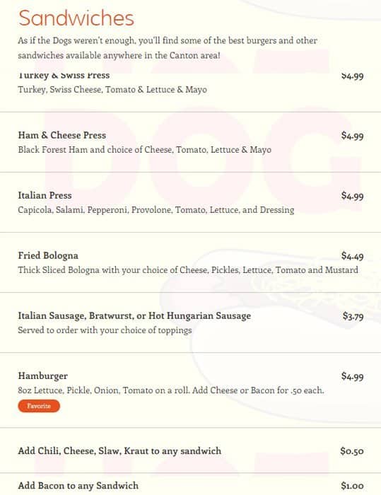 Menu at Dog Daze Gourmet Hot Dogs restaurant, Canton