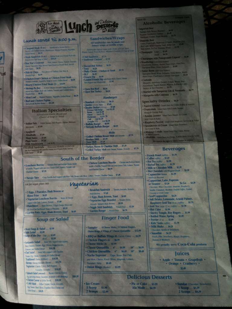 Menu at Bon Ton's Cafe, Colorado Springs