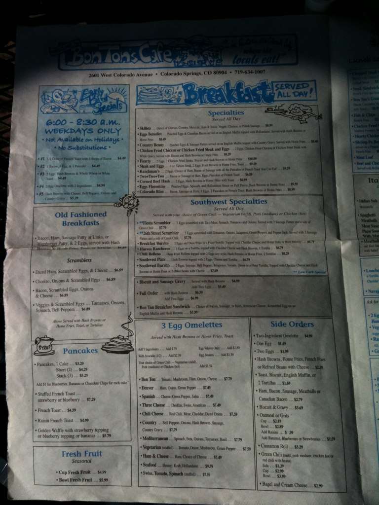 Menu at Bon Ton's Cafe, Colorado Springs