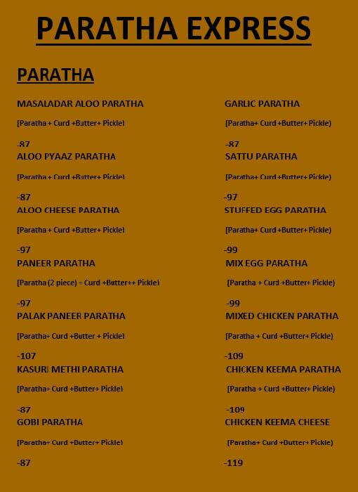 Menu at Paratha Express, Bengaluru, Shop 3 & 4