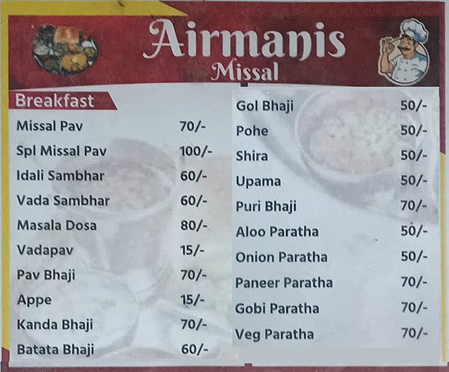 Menu of Airmanis Misal, Old Mumbai-Pune Highway, Pune