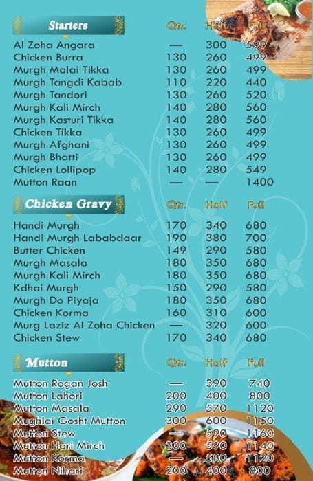 Menu of Al Zoha Restaurant & Cafe, Jasola, New Delhi