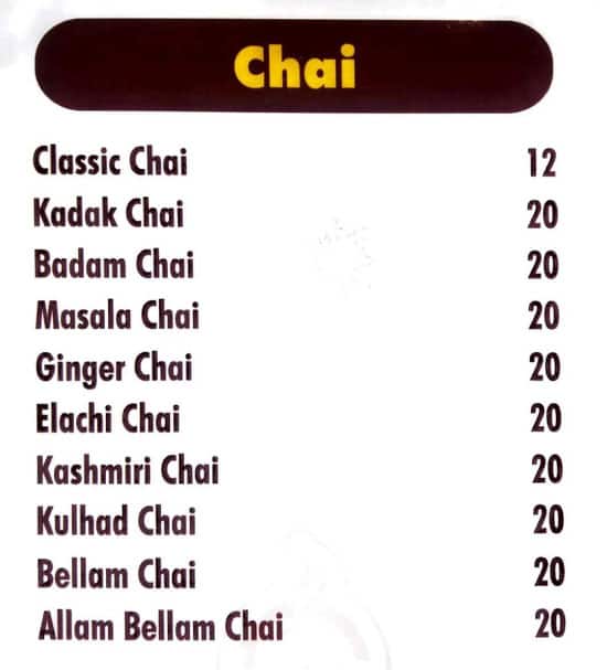 Menu of Chai Club, BTM, Bangalore