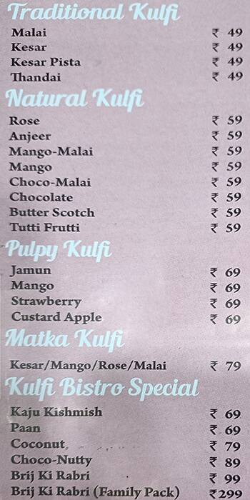 Menu of Kulfi Koolfi, R K Puram, New Delhi