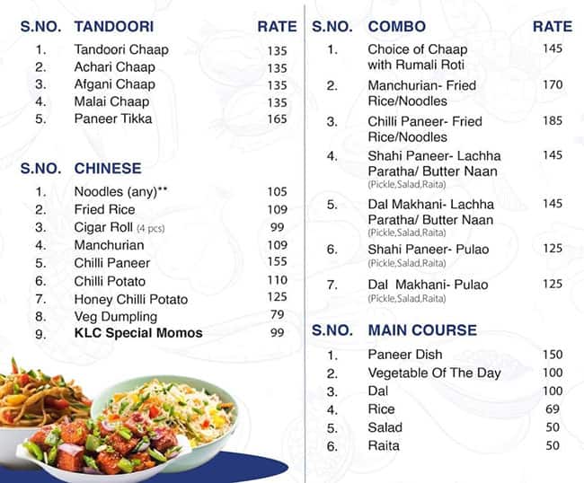 Menu of KLC, Indirapuram, Ghaziabad