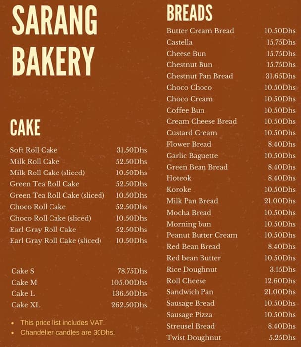 Menu of Sarang Bakery, Jumeirah Lake Towers (JLT), Dubai