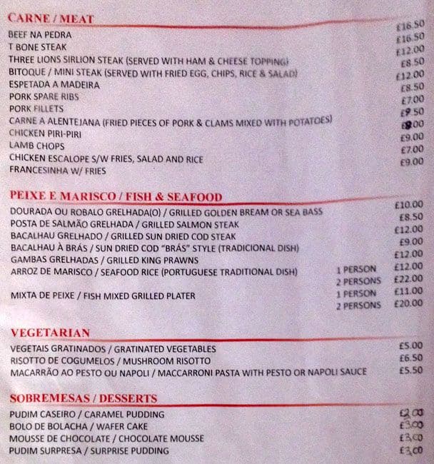 Menu at The Three Lions cafe, London