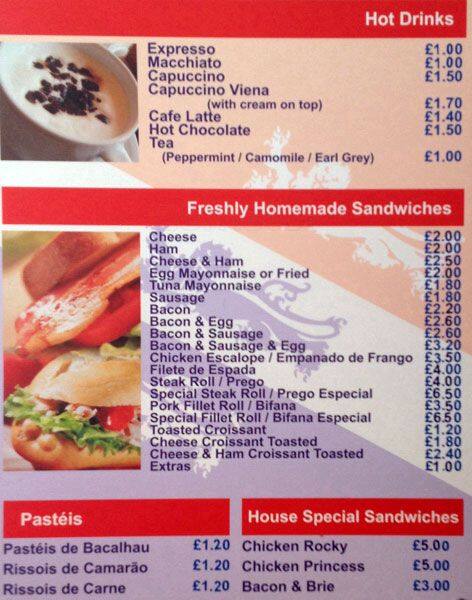 Menu at The Three Lions cafe, London