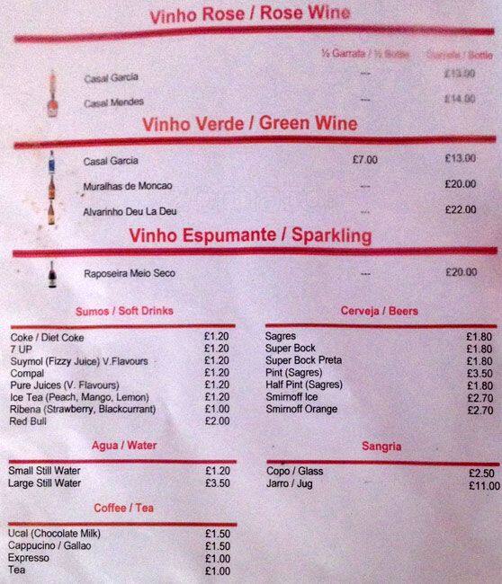 Menu at The Three Lions cafe, London