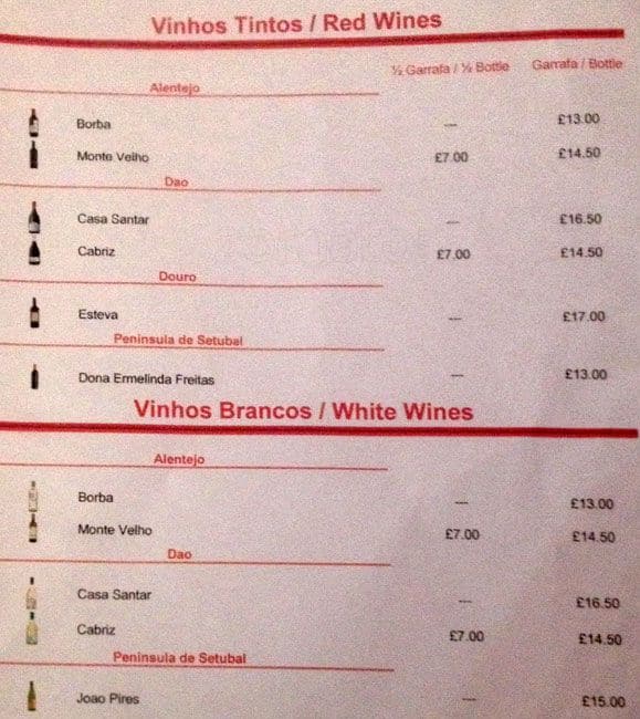 Menu at The Three Lions cafe, London