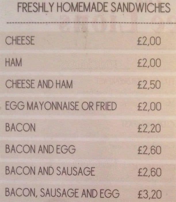 Menu at The Three Lions cafe, London