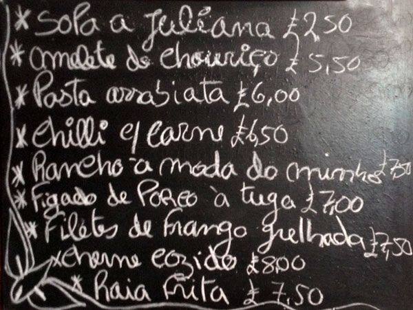 Menu at The Three Lions cafe, London