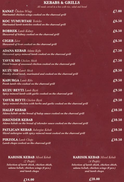 Menu at Turkish Grill Ocakbasi restaurant, London