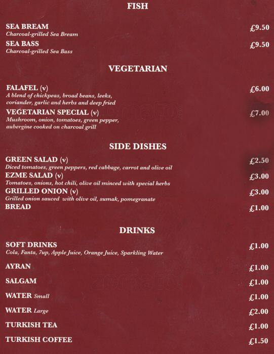 Menu at Turkish Grill Ocakbasi restaurant, London