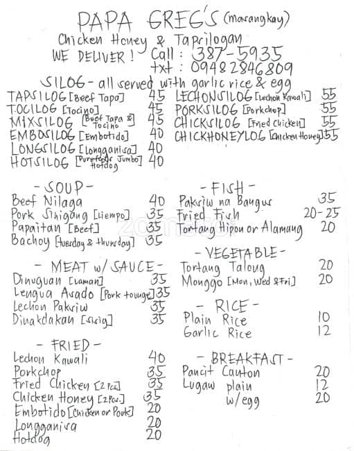 Menu at Papa Greg's, Manila