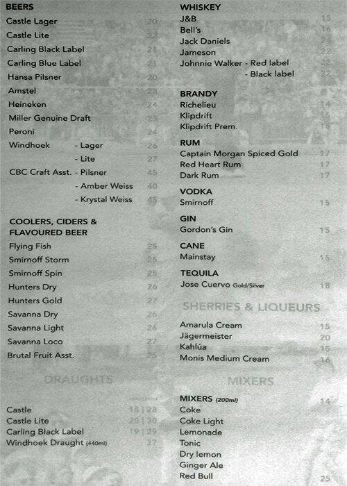 Menu at Pitch & Putter restaurant, Cape Town