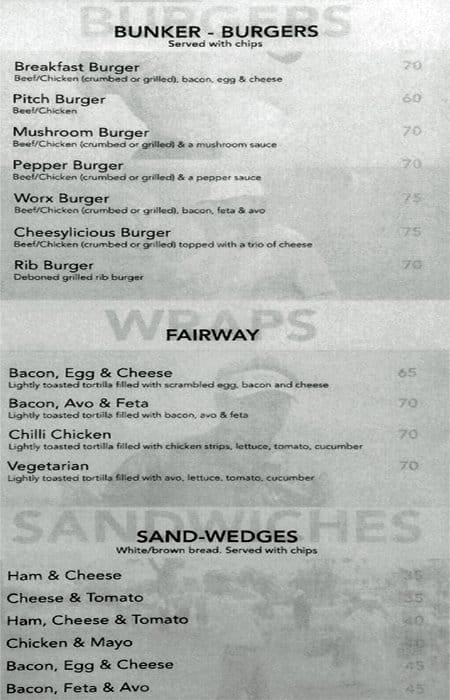 Menu at Pitch & Putter restaurant, Cape Town