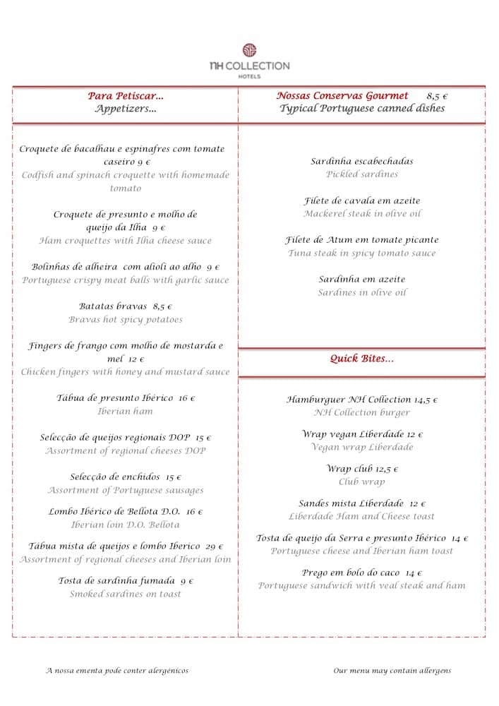 Menu at Ático Sky Bar - NH Collection Liberdade, Lisbon