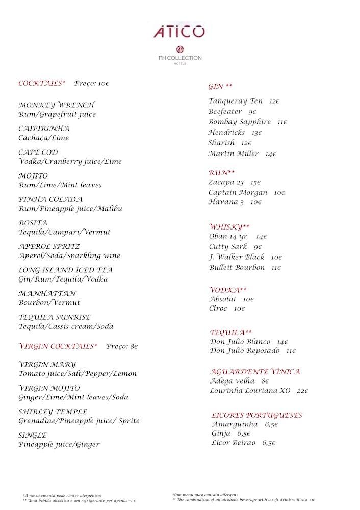 Menu at Ático Sky Bar - NH Collection Liberdade, Lisbon