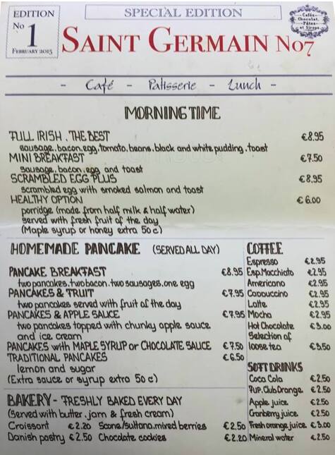 Menu at Saint Germain pub & bar, Malahide, New Street Shopping Mall