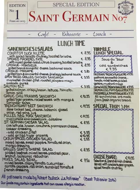 Menu at Saint Germain 7 pub & bar, Malahide, New Street Shopping Mall