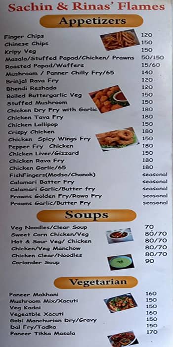 Menu at Flames Restaurant, Chandor, Igorgebhat