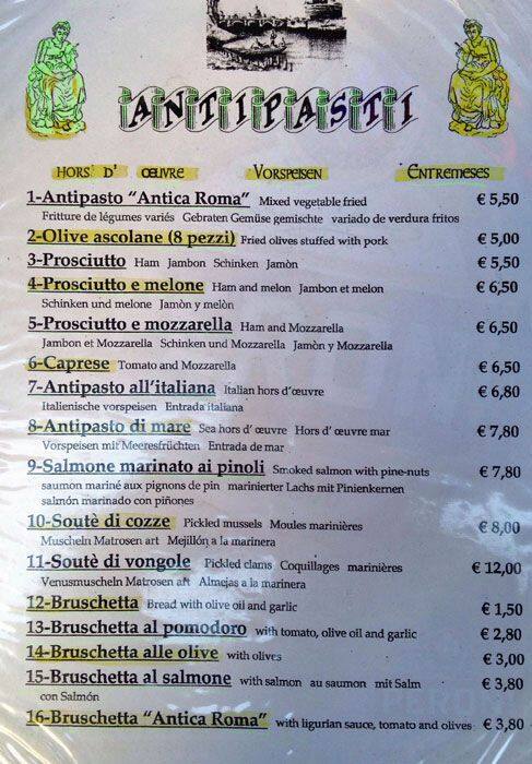 Menu da Ristorante Antica Roma, Roma, Via Palestro 65