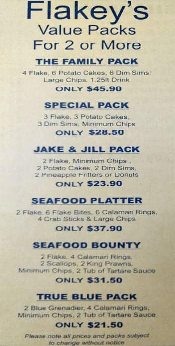 Menu at Flakey Jake's fast food, Ashwood