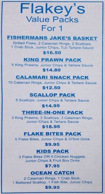 Menu at Flakey Jake's restaurant, Ashwood