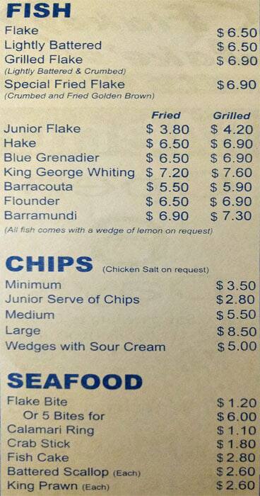 Menu at Flakey Jake's fast food, Ashwood