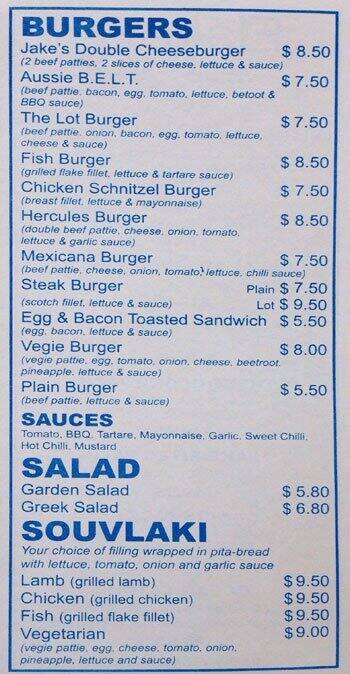 Menu at Flakey Jake's restaurant, Ashwood